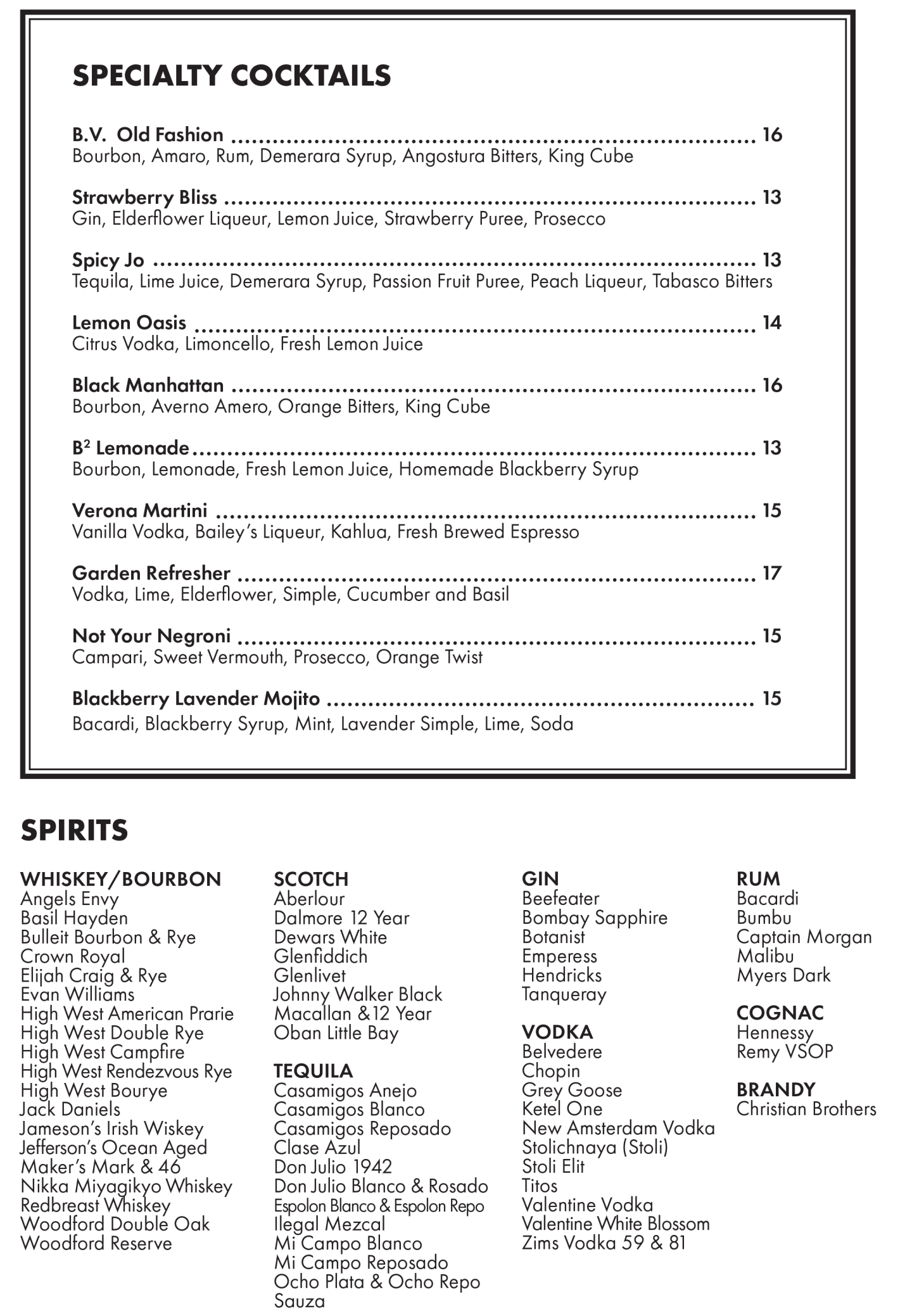 Our Menu - Bar Verona | Casual Food & Craft Cocktails
