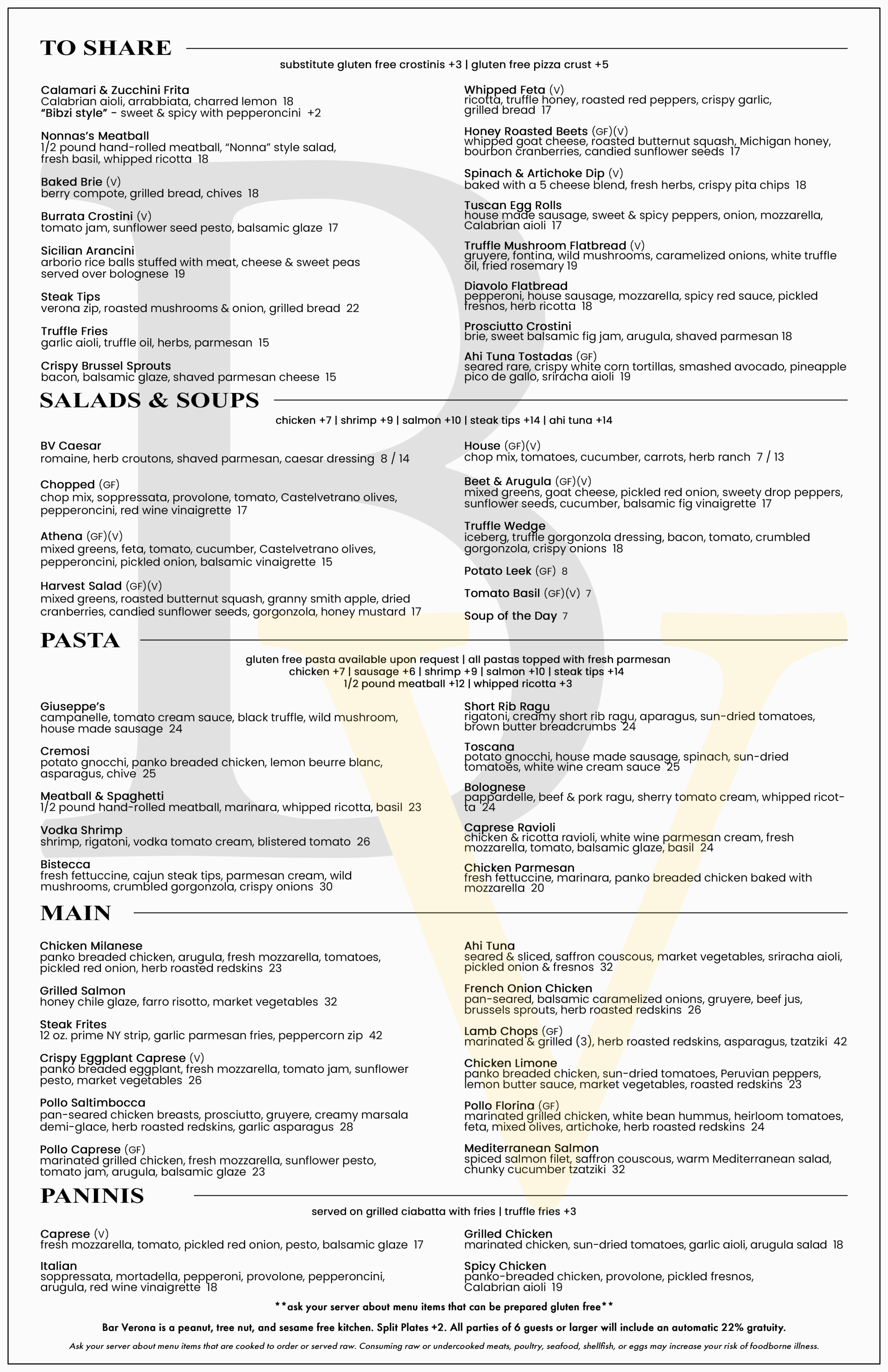 Our Menu - Bar Verona | Casual Food & Craft Cocktails
