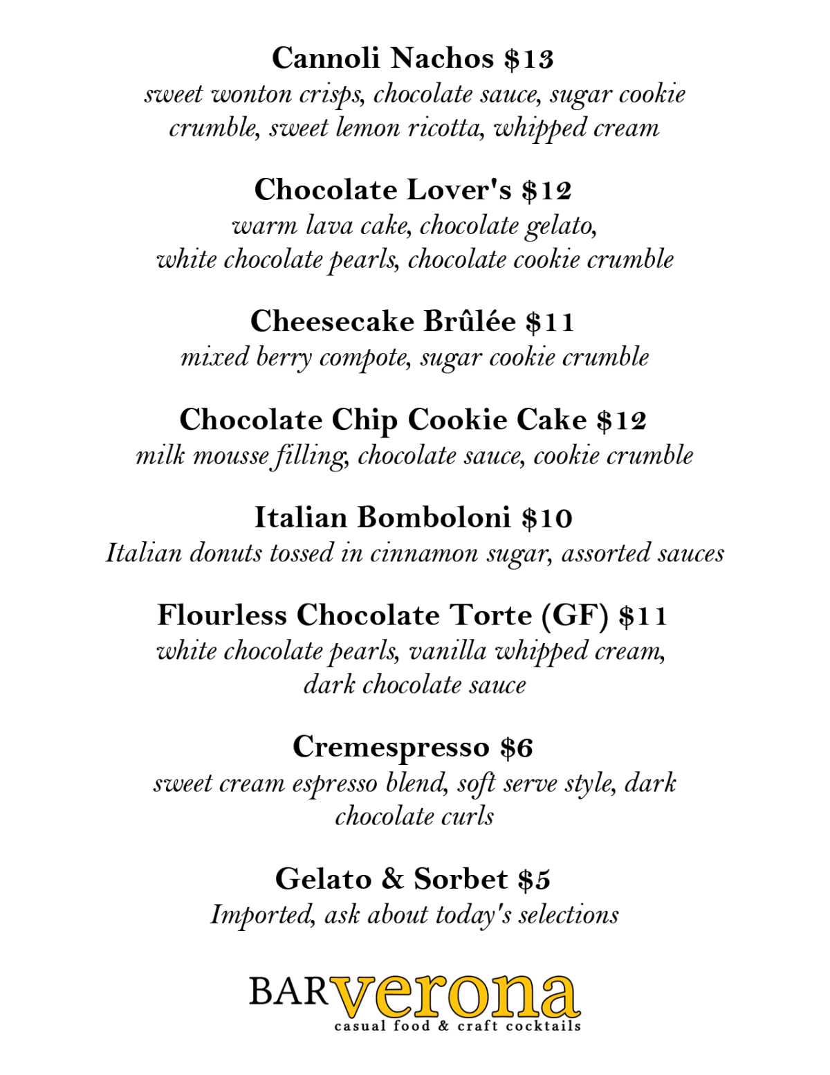 Our Menu - Bar Verona | Casual Food & Craft Cocktails